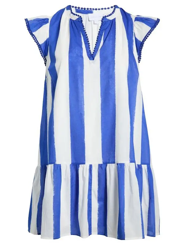 SUGARLIPS Striped Cotton Split Neck Shift Minidress - White-blue-stripe
