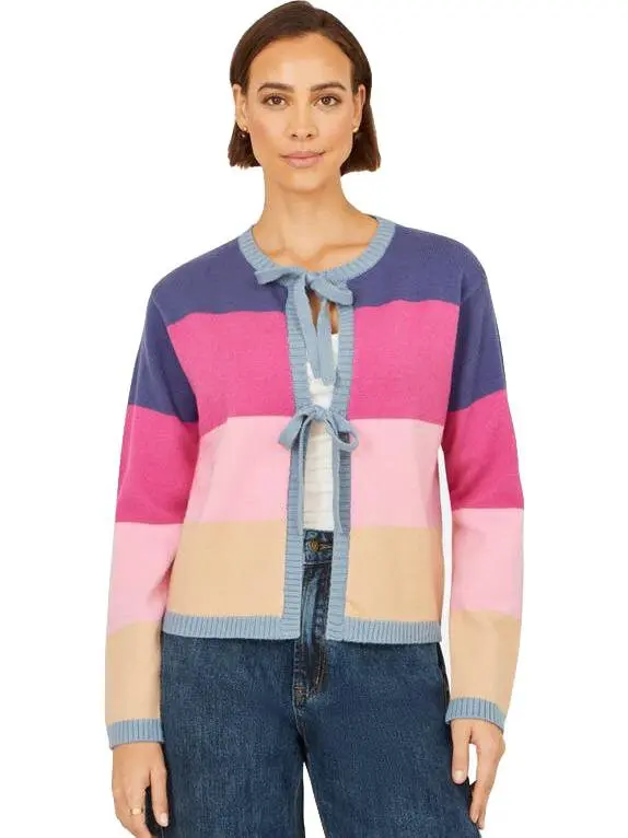 YUMI Block Stripe Tie Front Cardigan - Multi