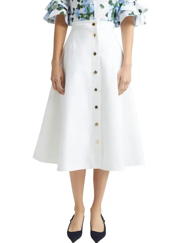 Carolina Herrera Button Front Stretch Cotton Sateen Midi Skirt - White