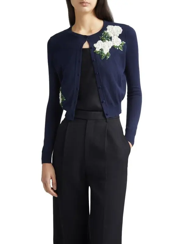 Carolina Herrera Rose Embroidered Appliqué Silk & Cotton Crop Cardigan - Midnight