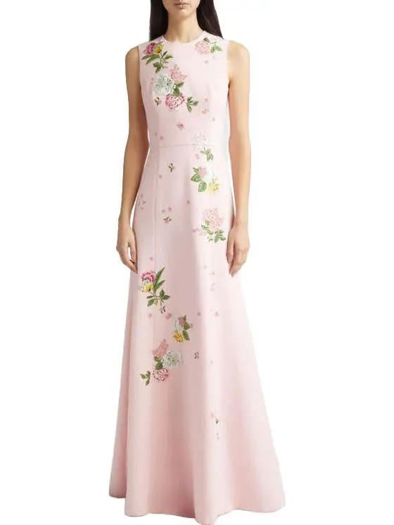 Carolina Herrera Sleeveless Floral Embroidered Crepe Gown - Rosewater