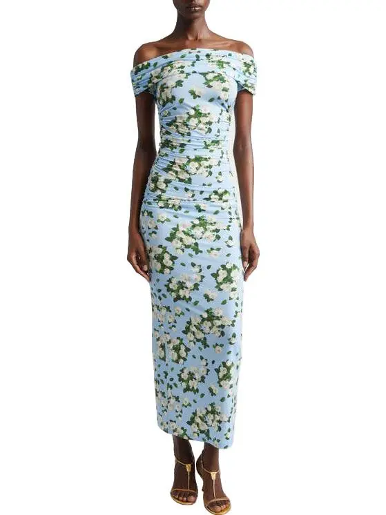 Carolina Herrera Off-the-shoulder Floral Print Jersey Maxi Dress - Cloudy Blue Multi