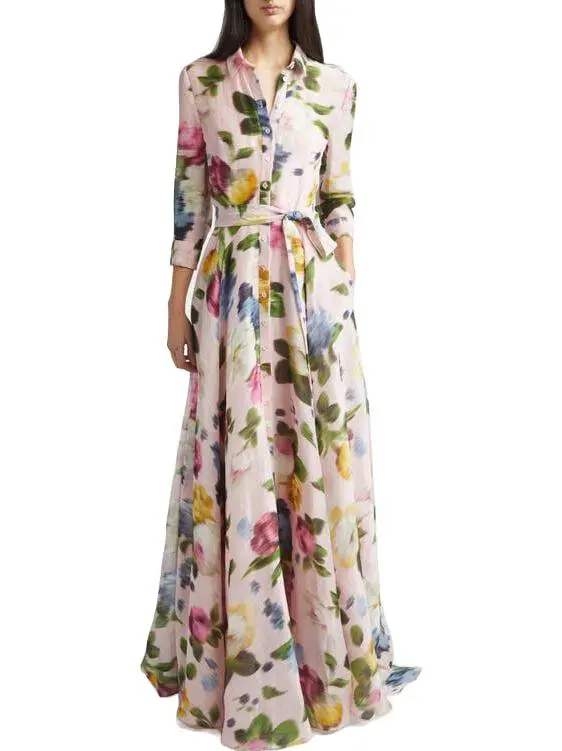 Carolina Herrera Blurred Rose Print Linen & Silk Trench Gown - Rosewater Multi
