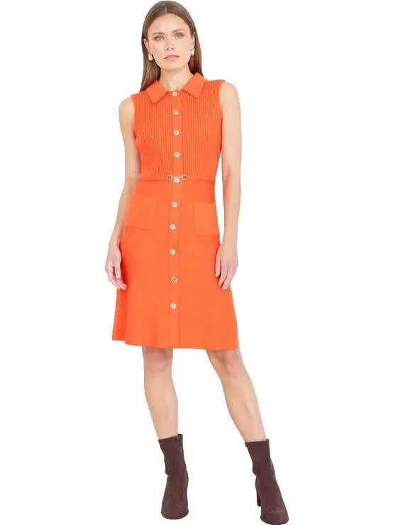 YUMI Rib Knitted Collared Skater Dress - Orange
