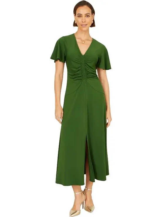 YUMI Ruched Front Stretch Midi Dress - Green