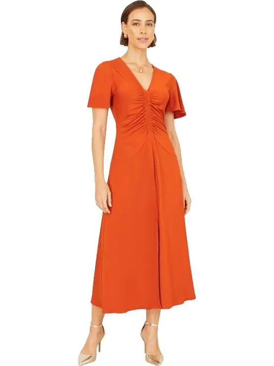YUMI Ruched Front Stretch Midi Dress - Orange