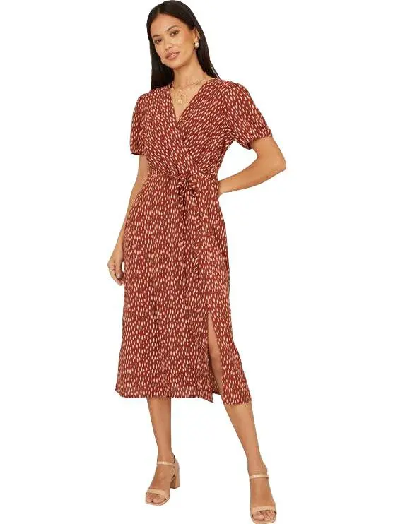 YUMI Printed Wrap Midi Dress With Slit - Brown