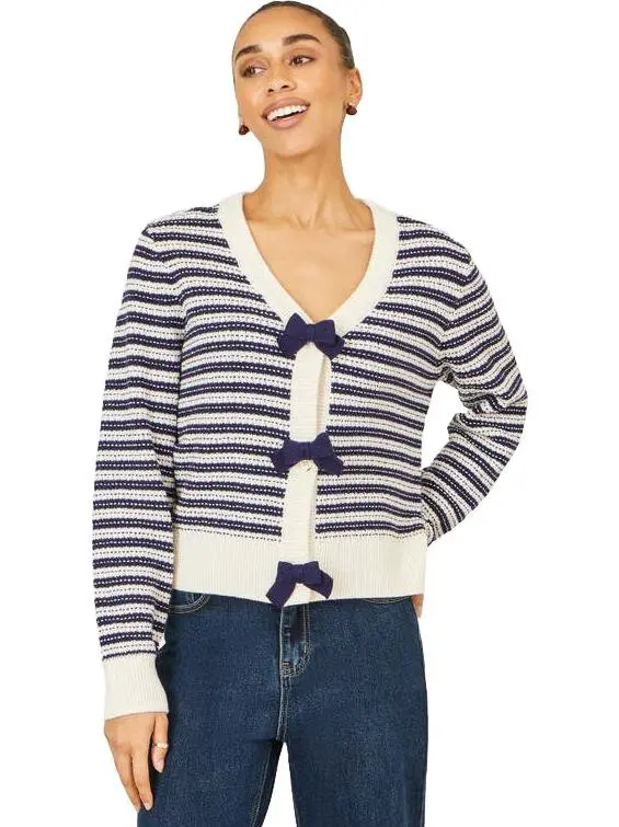 YUMI Stripe Bow Detail V-neck Cardigan - Navy