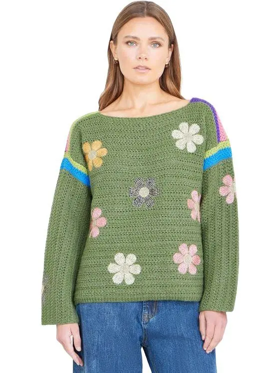 YUMI Crochet Flower Jumper - Green