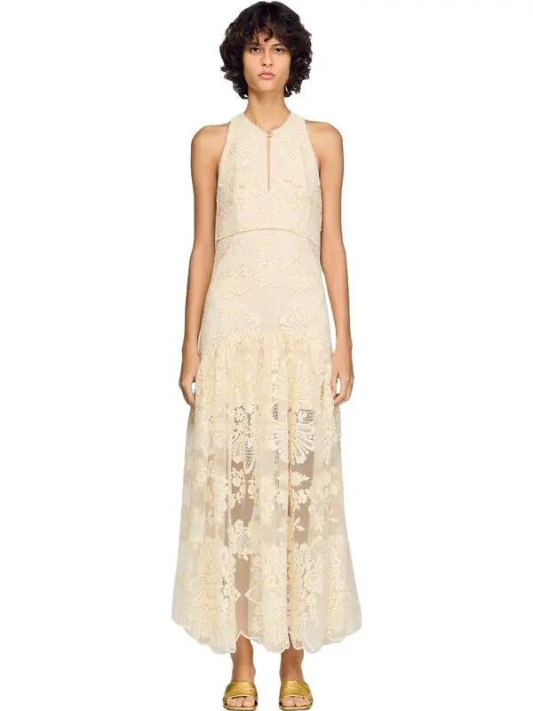 Sandro Floral Cotton Guipure Lace Maxi Dress - Vanilla