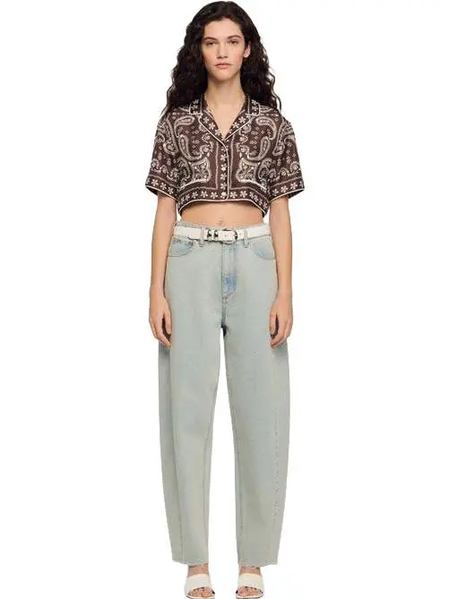 Sandro Cropped Bandana Print Shirt With Contrast Piping - Taupe/white