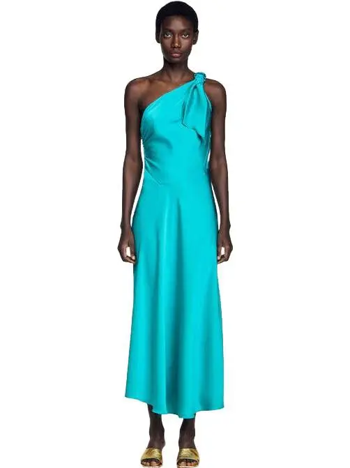Sandro Satin-effect Maxi Dress With Asymmetrical Cut And Bow Detail - Green