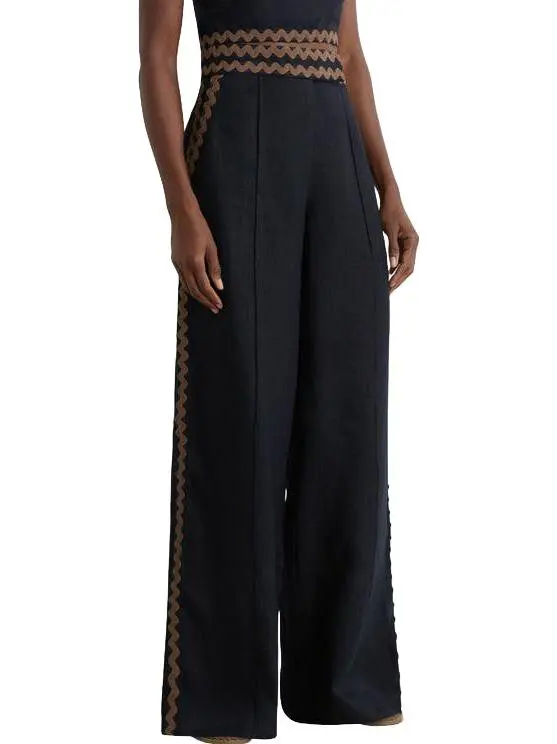 REISS Mila Rickrack Detail Wide Leg Linen Pants - Navy/ivory