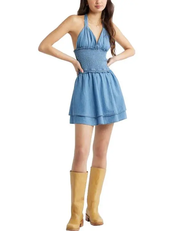 Bp. Tie Neck Tiered Halter Denim Mini Dress - Medium Wash