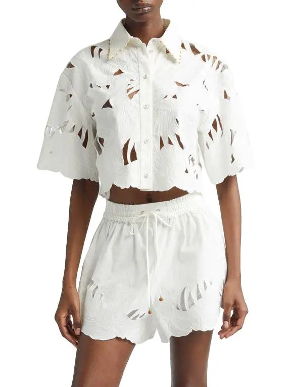 Zimmermann Mahon Embroidered Cotton Crop Shirt - Ivory