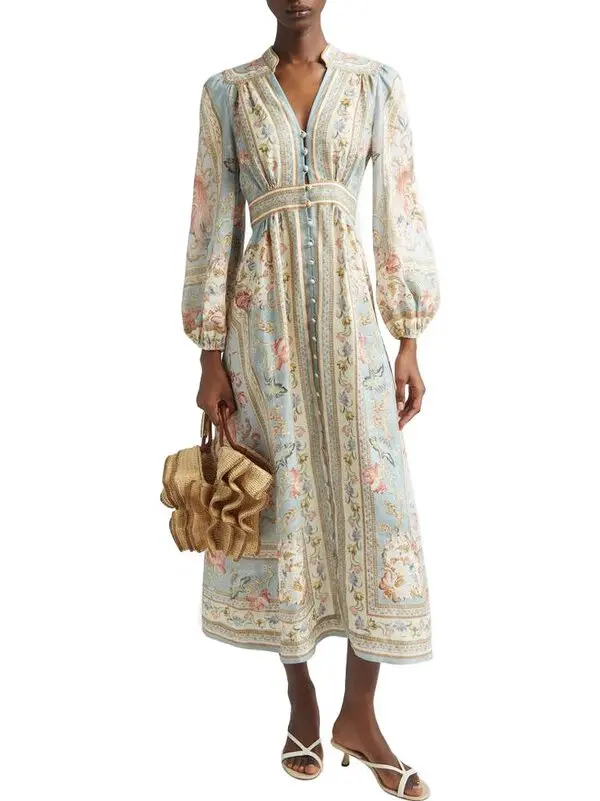 Zimmermann Roselight Plunge Long Sleeve Linen & Silk Midi Dress - Blue Tapestry Floral