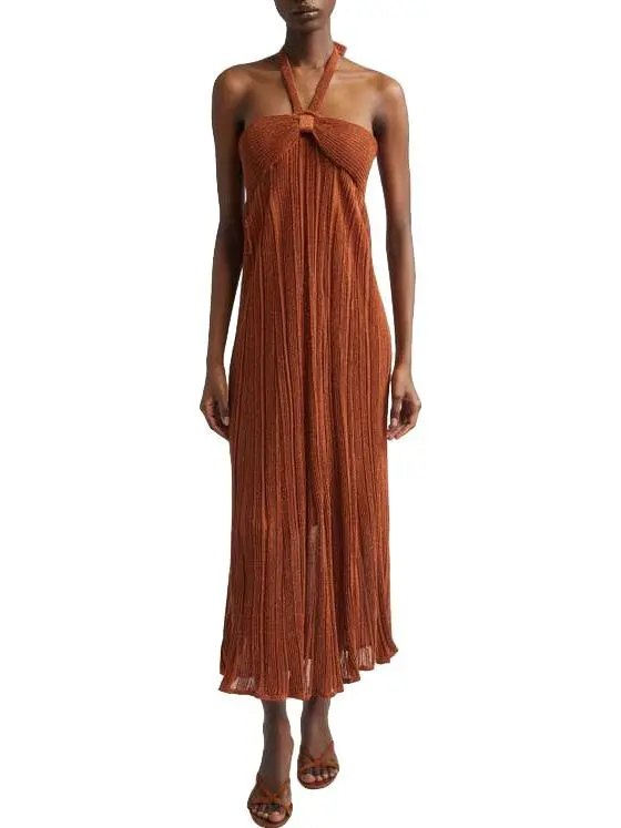 Zimmermann Indra Pleated Metallic Knit Halter Maxi Dress - Metallic Tan