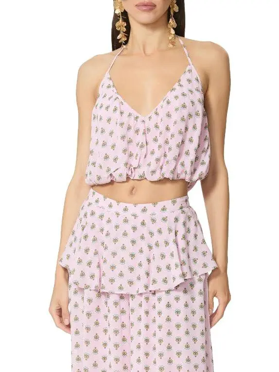 AFRM Ailee Micro Print Halter Bubble Hem Crop Top - Crocus Foulard