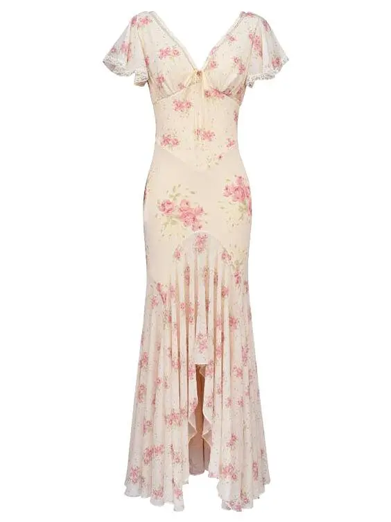 House Of Cb Amina Floral Georgette High Low Cocktail Dress - Ivory Rose