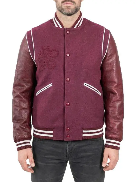 MACEOO Marthyr Leather Sleeve Varsity Jacket - Red