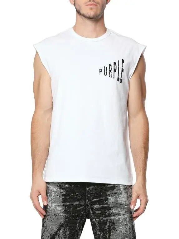 PURPLE BRAND Textured Sleeveless Cotton Graphic T-shirt - White