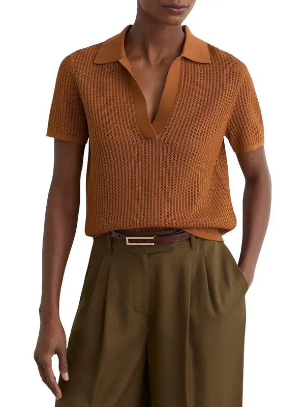 REISS Pippa Open Stitch Polo Sweater - Rust Orange