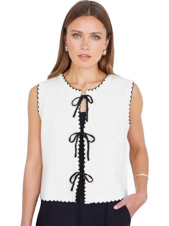YUMI Knitted Bow Trim Waistcoat - Ivory