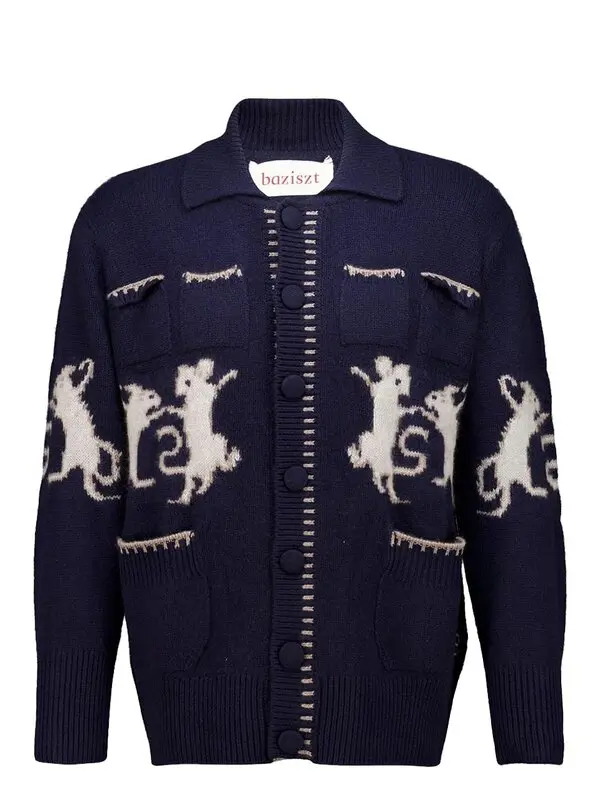 BAZISZT Navy Cashmere Dancing Mice Cardigan - Blue