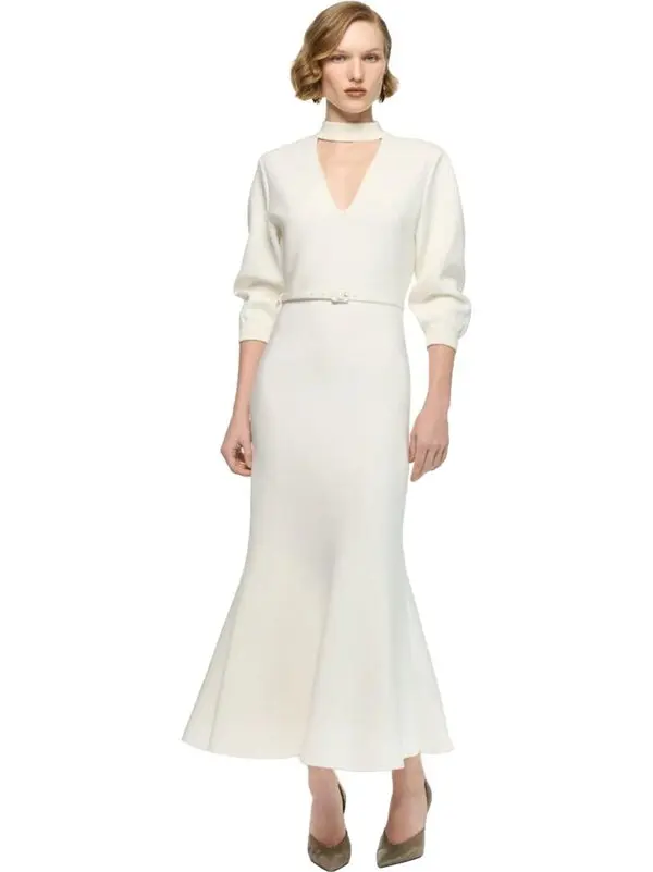 Roland Mouret Belted Blouson Knit Midi Dress - Cream