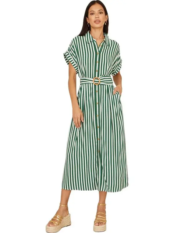YUMI Stripe Print Belted Midi Shirt Dress - Green