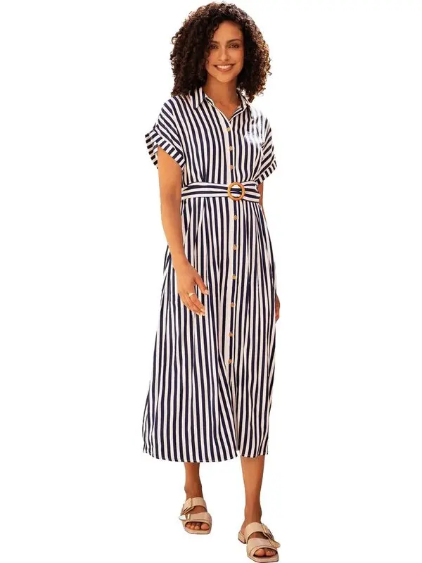 YUMI Stripe Print Belted Midi Shirt Dress - Navy