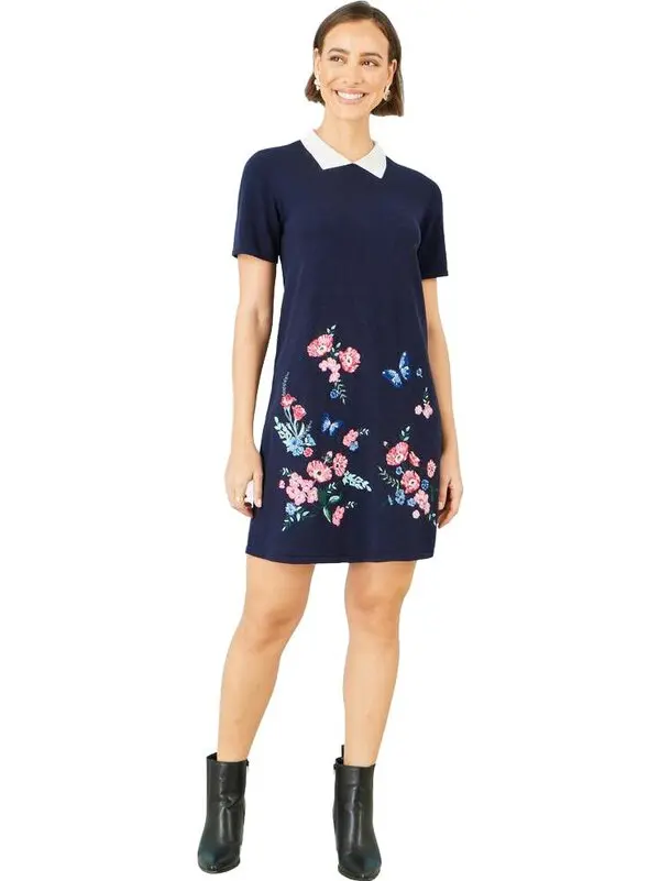 YUMI Embroidered Floral Tunic Dress - Navy