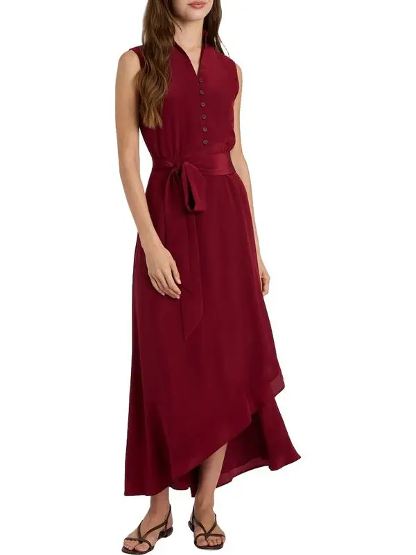 Santorelli Silk Hi-lo Ruffle Collar Midi Dress - Chili Pepper