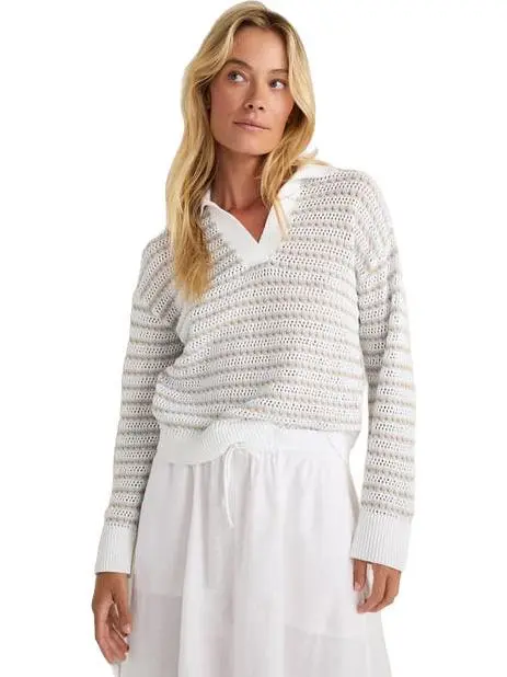 HAVEN WELL WITHIN Organic Cotton Stripe Mixed Stitch Johnny Collar Sweater - White/ice Blue/willow Brk