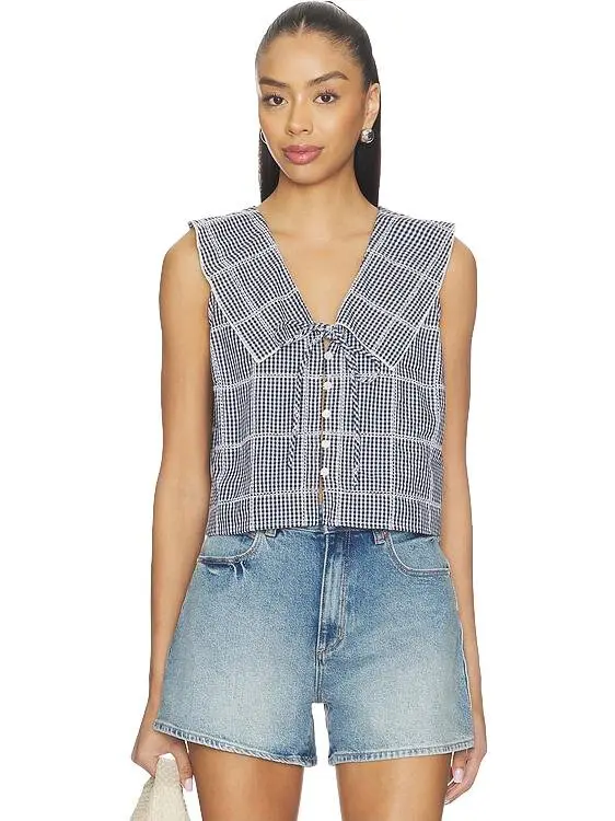 Free People Waiting For Me" Top With Plaid Pattern And Front Tie Closure - Navy Combo