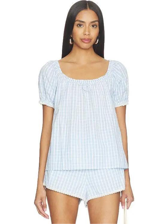 Faithfull The Brand Puff Sleeve Lace Trim Top - Paloma Check Light Blue White