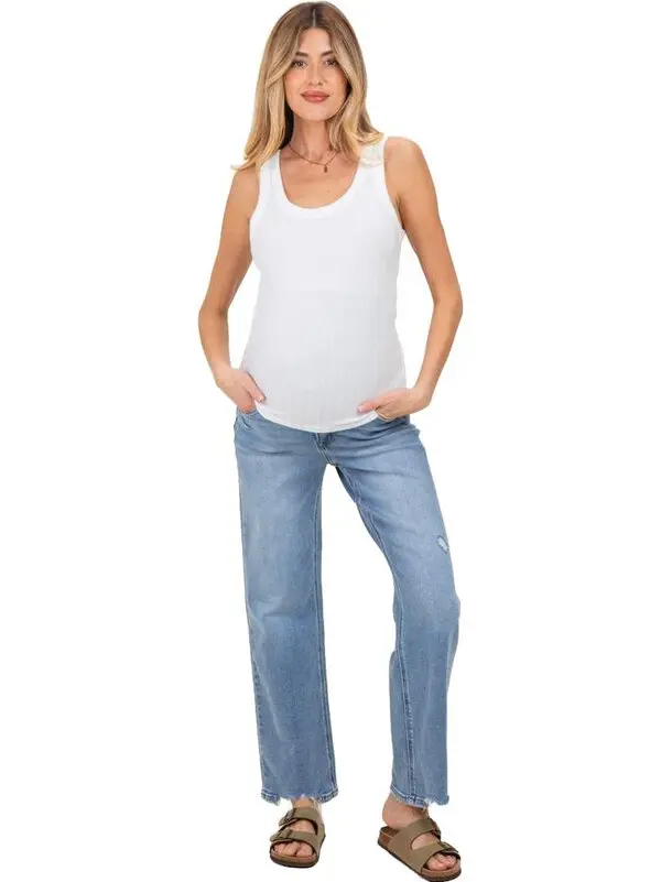 PINKBLUSH Maternity Distressed Frayed Hem Wide Leg Jeans - Light Blue