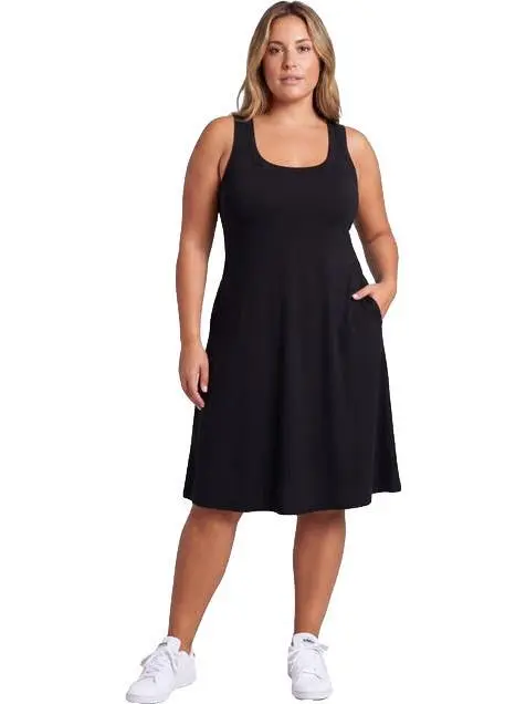 24SEVEN COMFORT APPAREL Ribbed Knit Sleeveless Scoop Neck Pocket A-line Midi Dress - Black