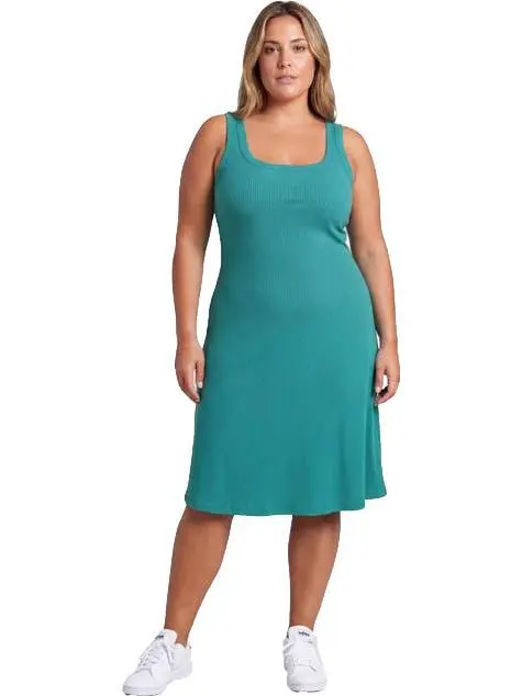 24SEVEN COMFORT APPAREL Ribbed Knit Sleeveless Scoop Neck Pocket A-line Midi Dress - Jade