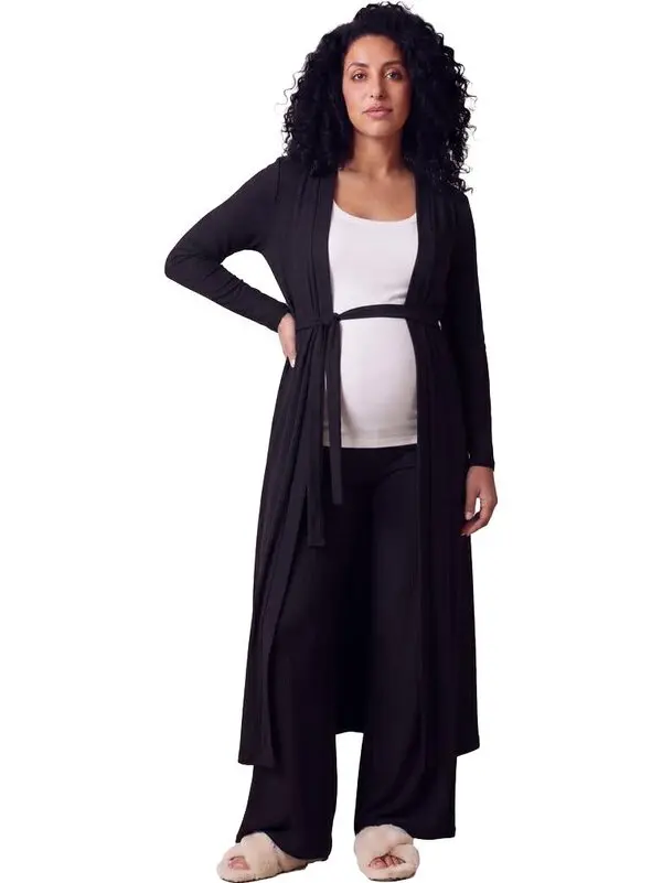 24SEVEN COMFORT APPAREL Maternity Ribbed Knit Tie Waist Jacket And Wide Leg Pant Set - Black