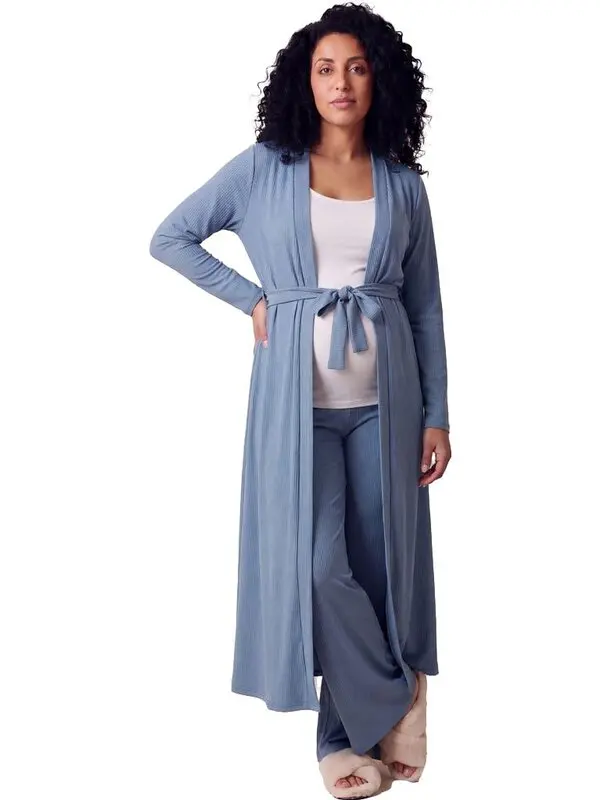 24SEVEN COMFORT APPAREL Maternity Ribbed Knit Tie Waist Jacket And Wide Leg Pant Set - Blue