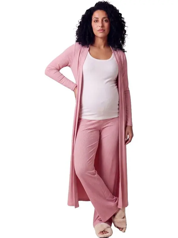 24SEVEN COMFORT APPAREL Maternity Ribbed Knit Tie Waist Jacket And Wide Leg Pant Set - Blush