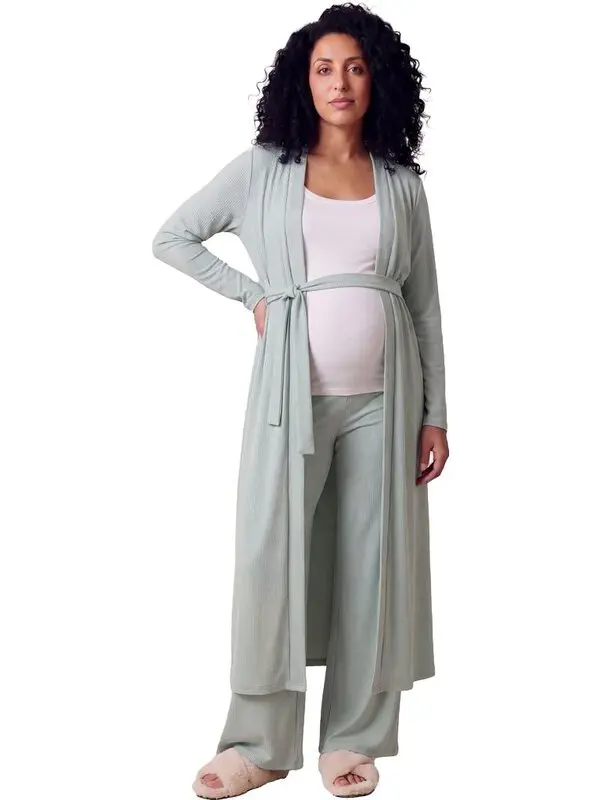 24SEVEN COMFORT APPAREL Maternity Ribbed Knit Tie Waist Jacket And Wide Leg Pant Set - Mint
