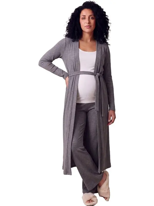 24SEVEN COMFORT APPAREL Maternity Ribbed Knit Tie Waist Jacket And Wide Leg Pant Set - Smoke