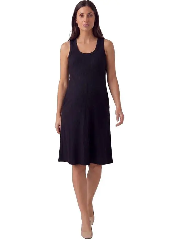 24SEVEN COMFORT APPAREL Maternity Ribbed Knit Scoop Neck A-line Midi Dress - Black