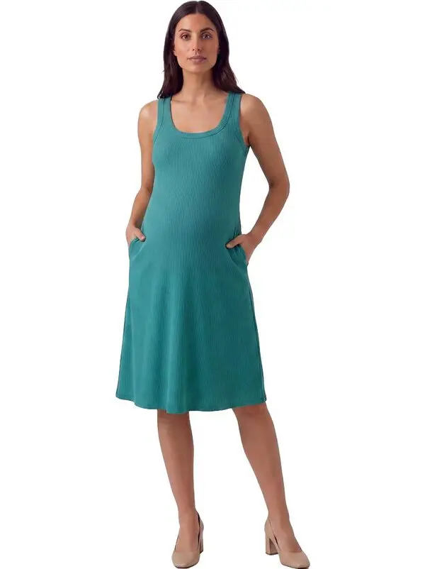 24SEVEN COMFORT APPAREL Maternity Ribbed Knit Scoop Neck A-line Midi Dress - Jade
