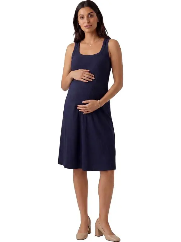 24SEVEN COMFORT APPAREL Maternity Ribbed Knit Scoop Neck A-line Midi Dress - Navy