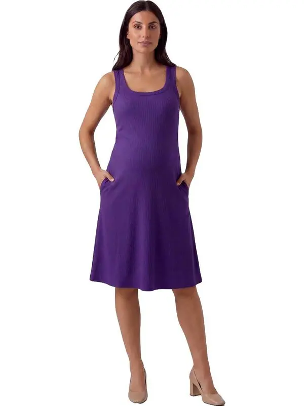 24SEVEN COMFORT APPAREL Maternity Ribbed Knit Scoop Neck A-line Midi Dress - Purple