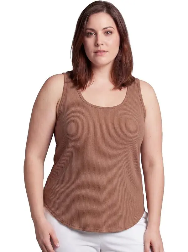 24SEVEN COMFORT APPAREL Ribbed Knit Sleeveless Scoop Neck Flared Tank Top - Mocha