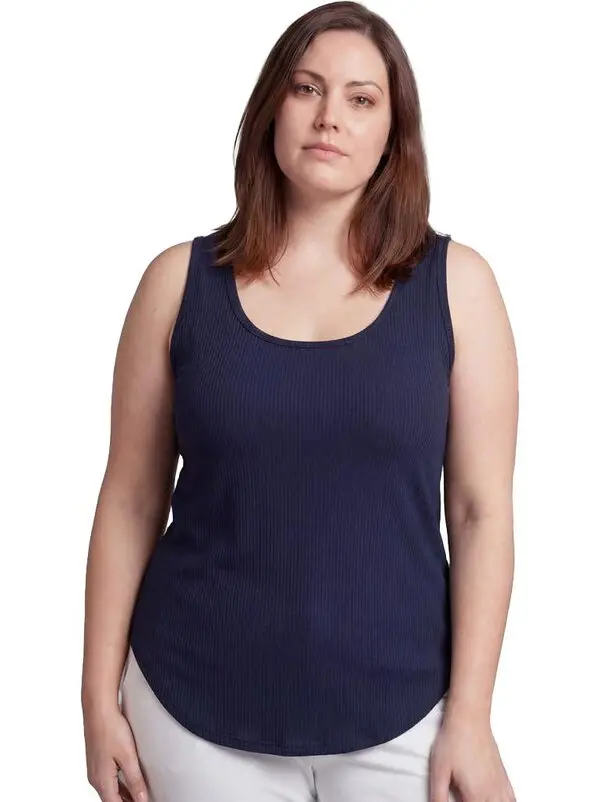 24SEVEN COMFORT APPAREL Ribbed Knit Sleeveless Scoop Neck Flared Tank Top - Navy